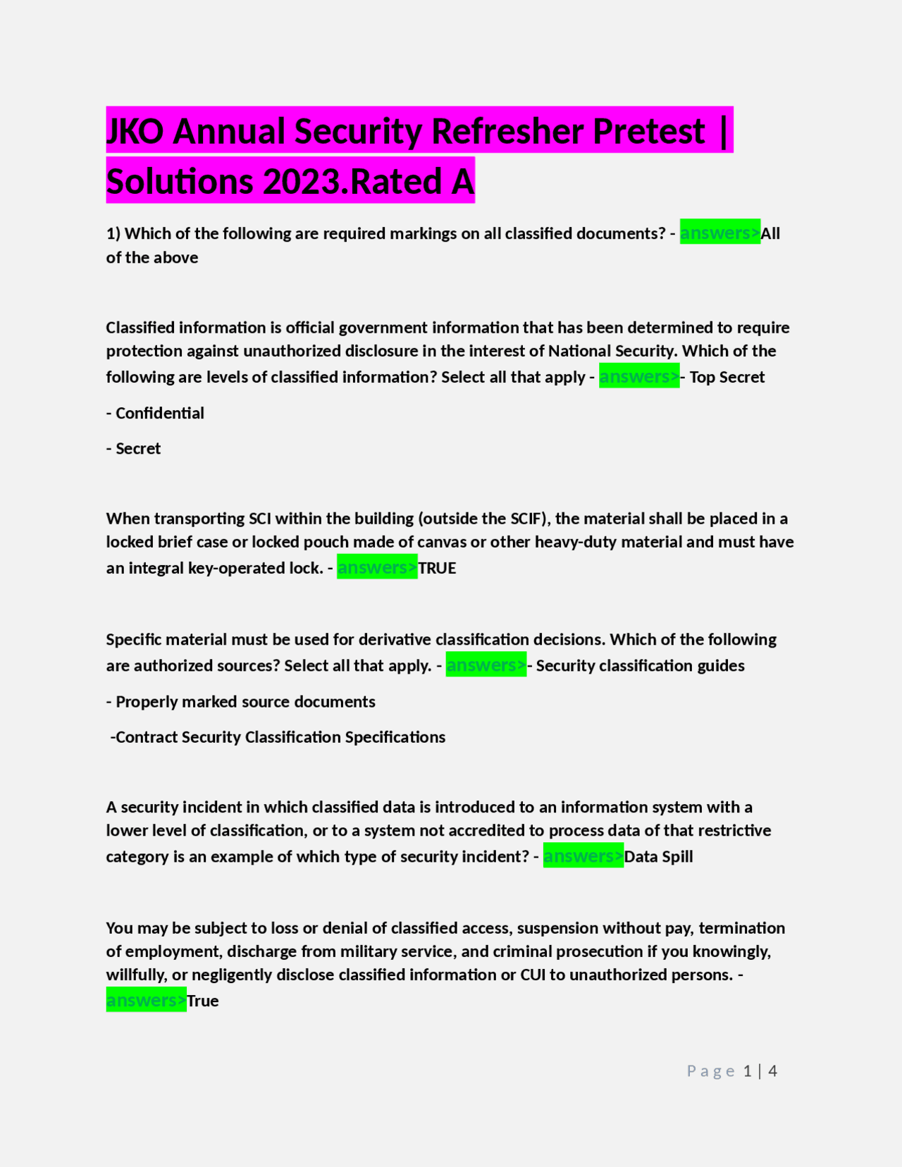 JKO Annual Security Refresher Pretest |Solutions 2023.Rated A | Exams ...
