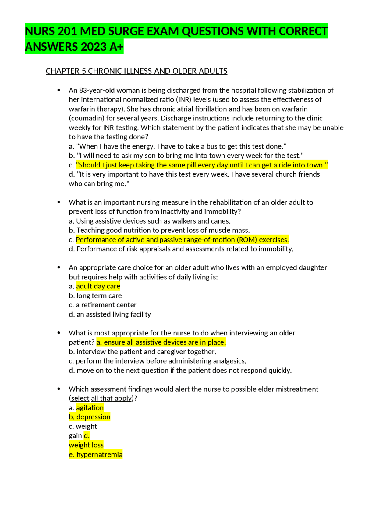 Nurs 201 Med Surge Exam Questions With Correct Answers 2023 A Exams