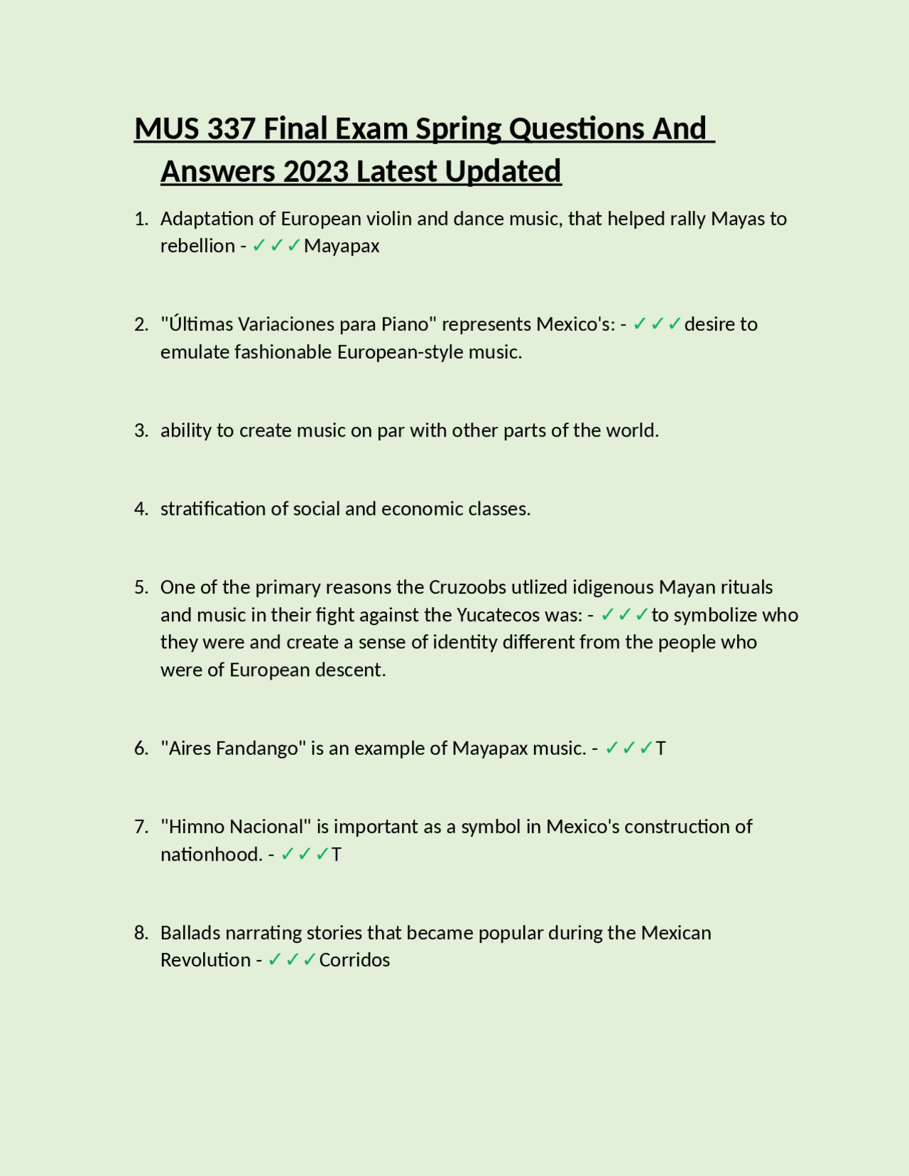 Mus 337 Final Exam Spring Questions And Answers 2023 Latest Updated