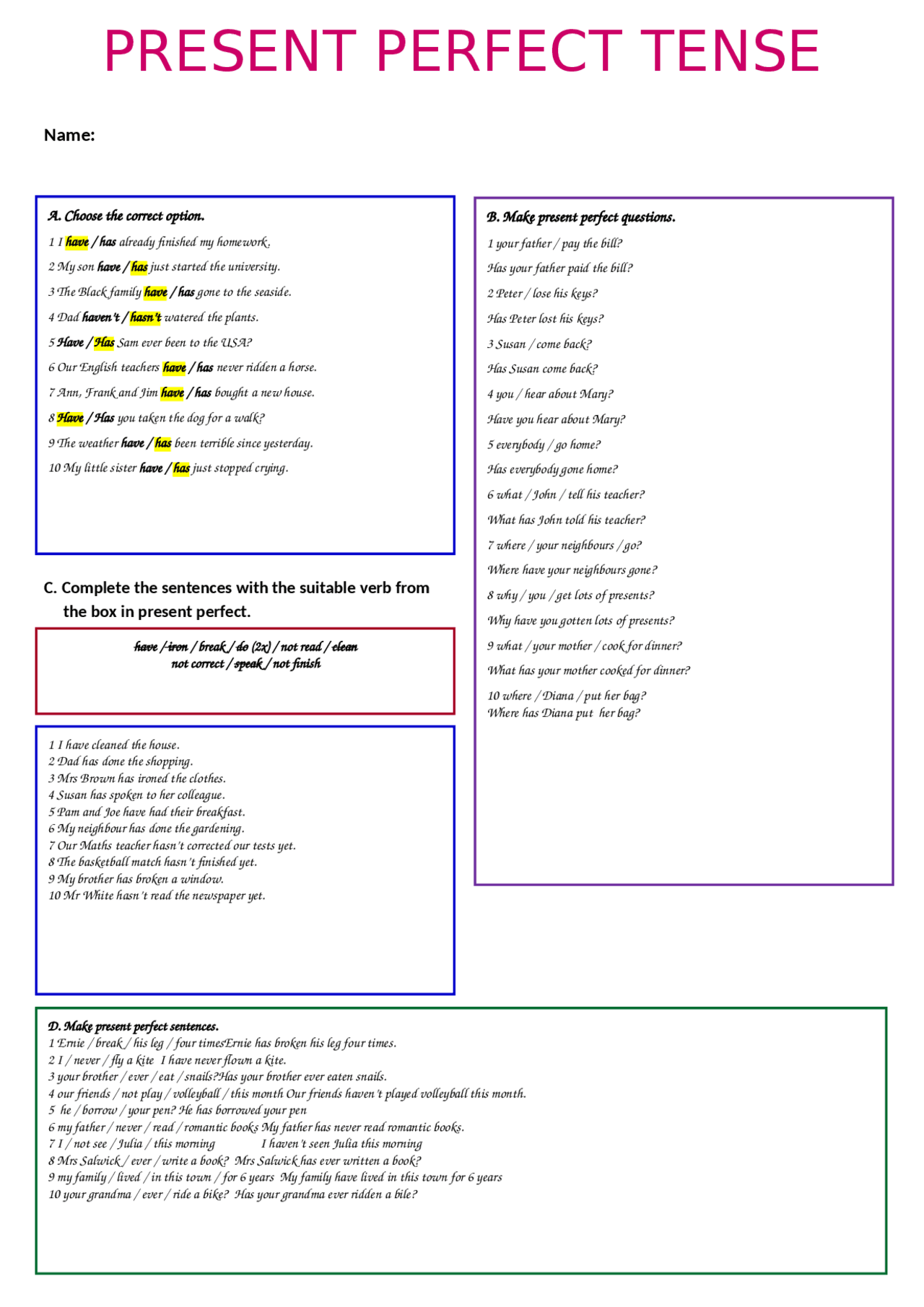 WORKSHEET_PRESENT_PERFECT | Ejercicios de Idioma Inglés | Docsity