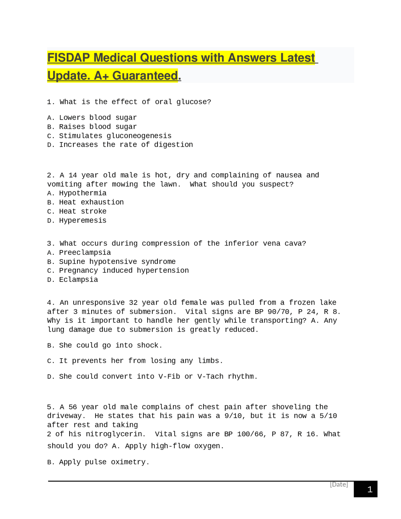 FISDAP Medical Questions with Answers Latest Update. A+ Guaranteed ...