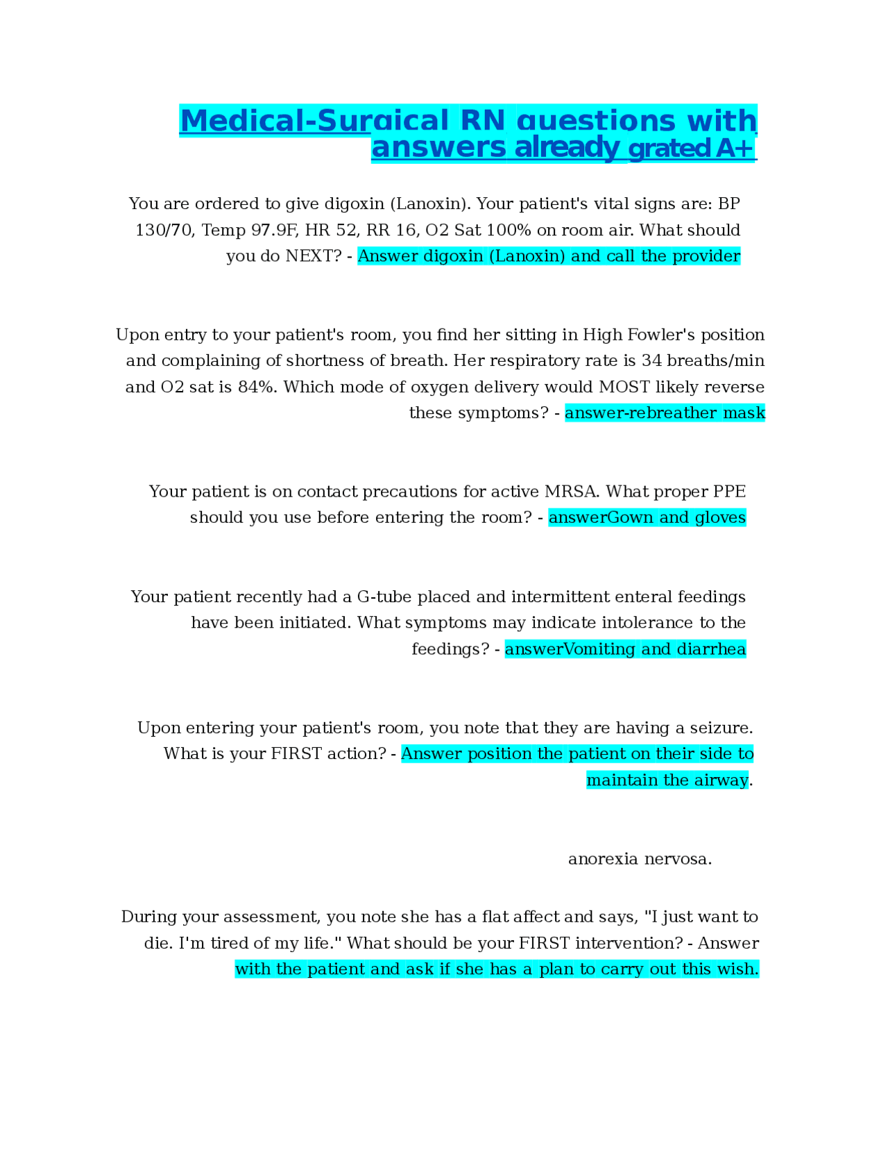 Medical-Surgical RN questions with answers already grated A+ | Exams ...