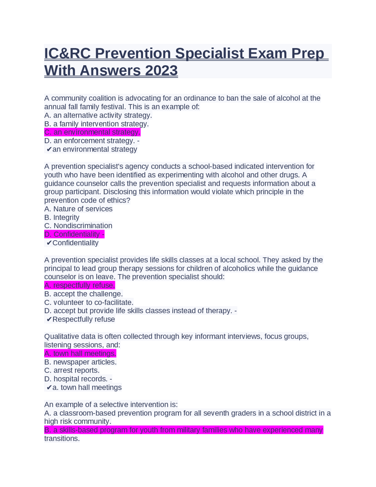 IC&RC Prevention Specialist Exam Prep With Answers 2023 | Exams Public ...