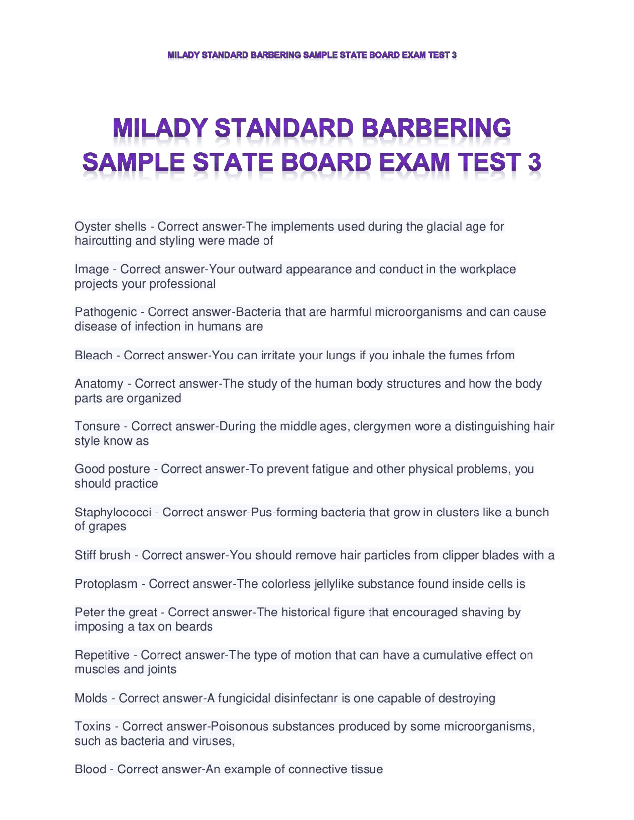 Milady Standard Barbering sample state board exam test 3 2023 | Exams ...