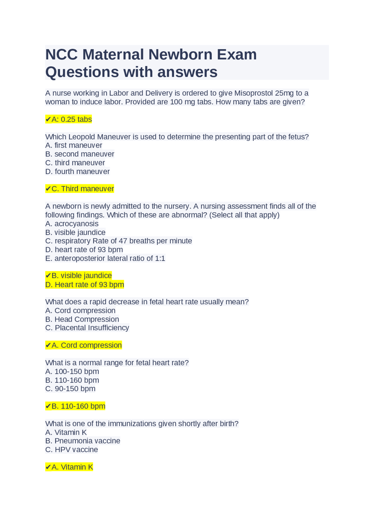 NCC Maternal Newborn Exam Questions with answers | Exams Nursing | Docsity