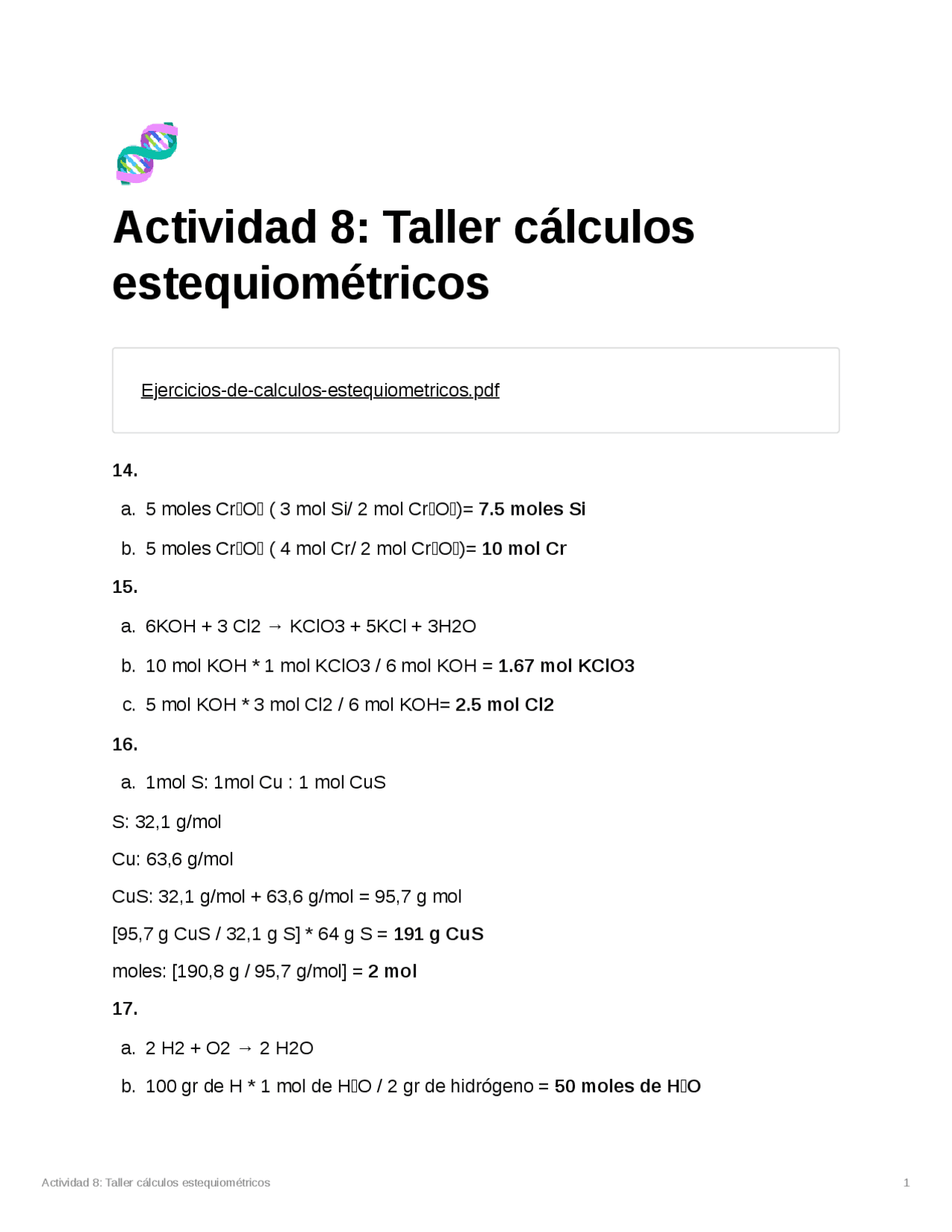 Actividad: Taller cálculos estequiométricos | Ejercicios de Química | Docsity