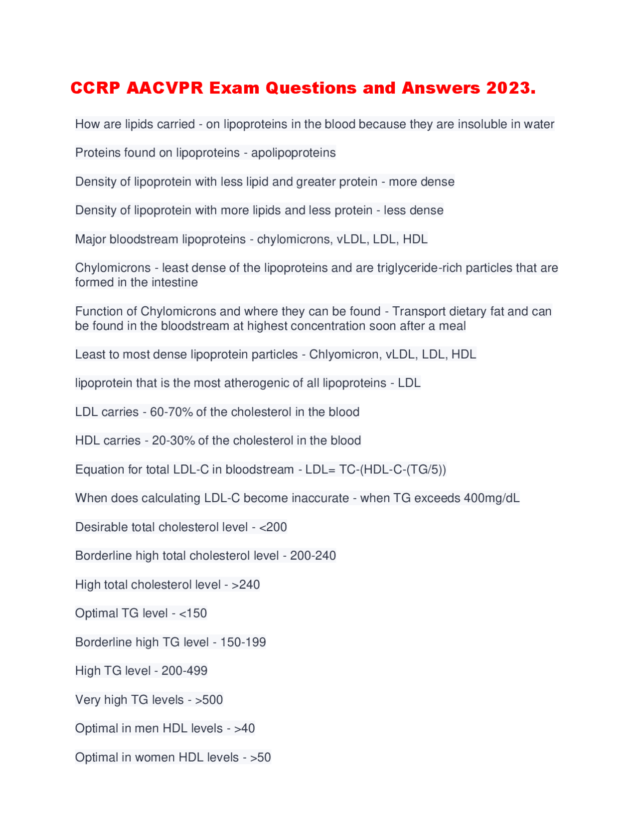 CCRP AACVPR Exam Questions and Answers 2023. | Exams Nursing | Docsity