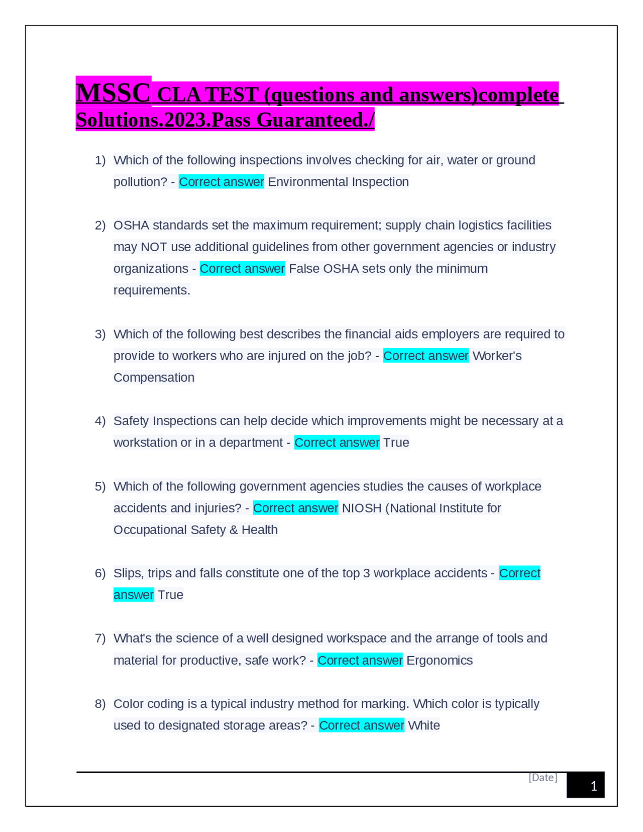 MSSC CLA TEST (questions and answers)complete Solutions.2023.Pass ...