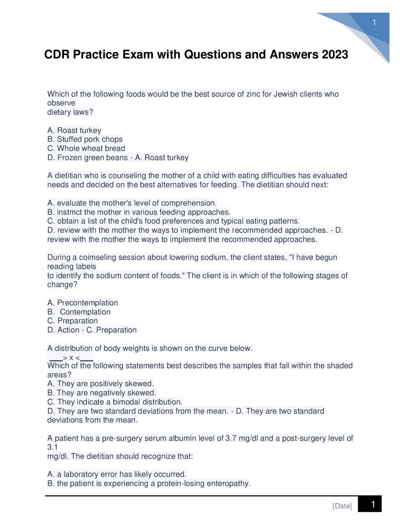 CDR Practice Exam with Questions and Answers 2023 | Exams Nursing | Docsity