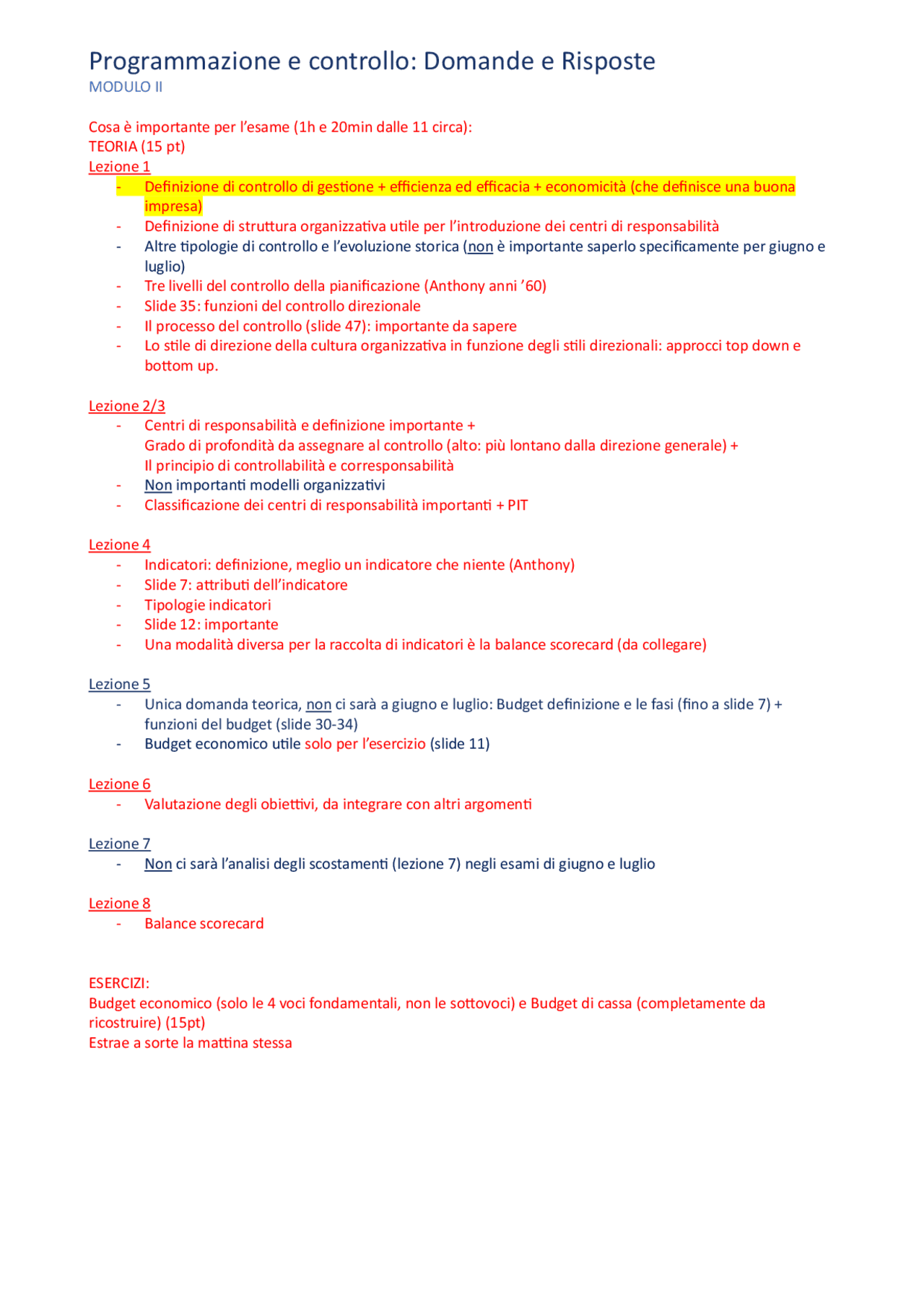 Programmazione e controllo: Domande e Risposte MODULO II | Dispense di Programmazione e ...