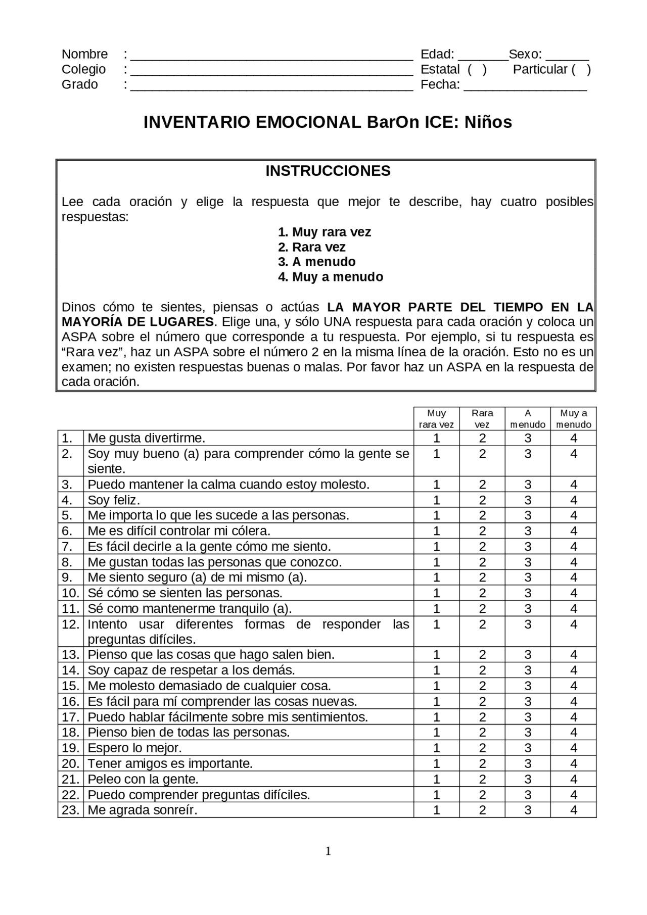 TEST DE BARON I-CE NA | Apuntes de Psicología Familiar | Docsity