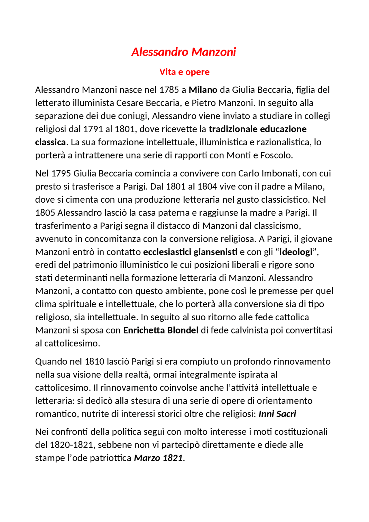 Riassunto su Alessandro Manzoni | Appunti di Italiano | Docsity