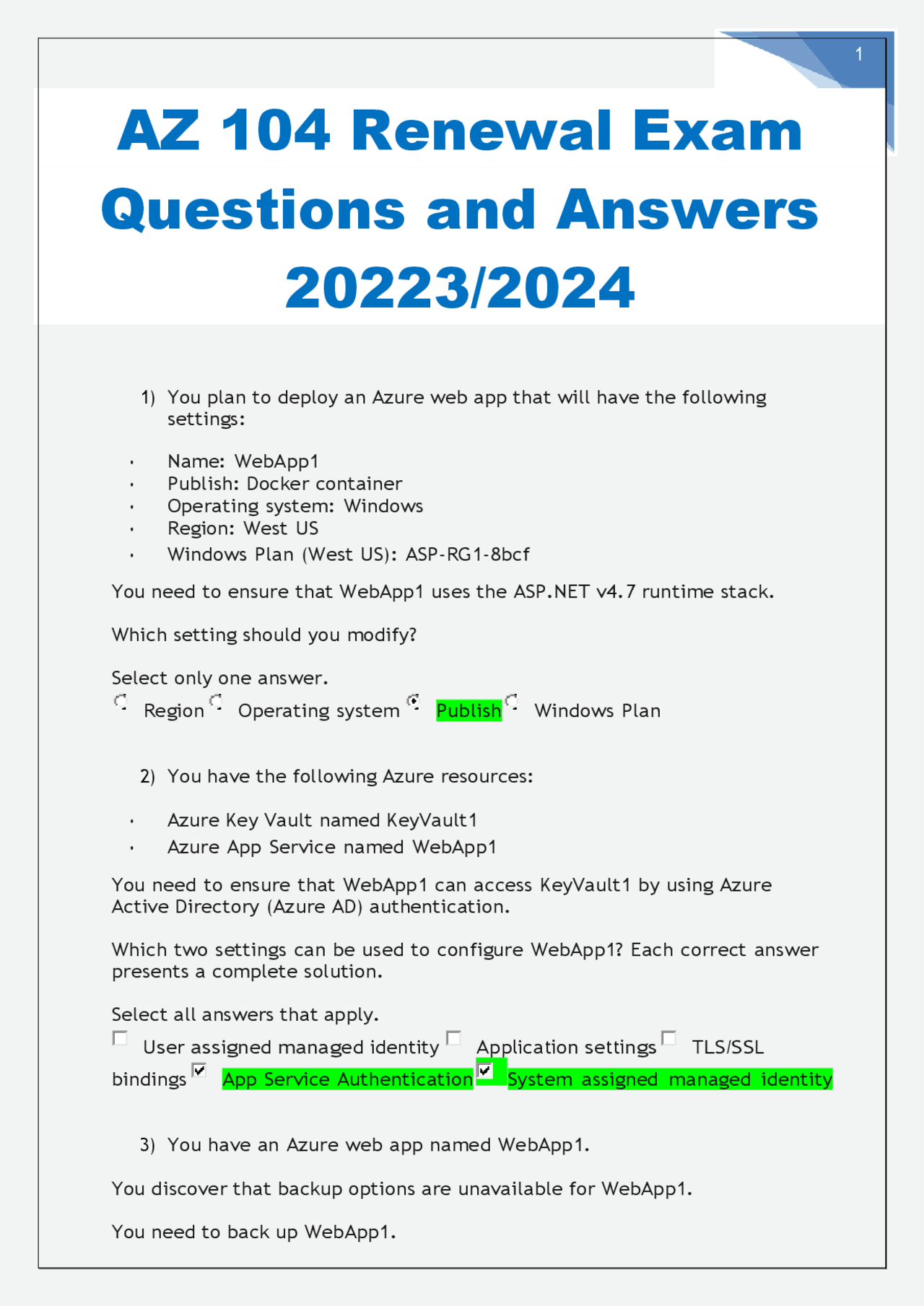 AZ 104 Renewal Exam Questions and Answers 20223/2024 | Exams ...