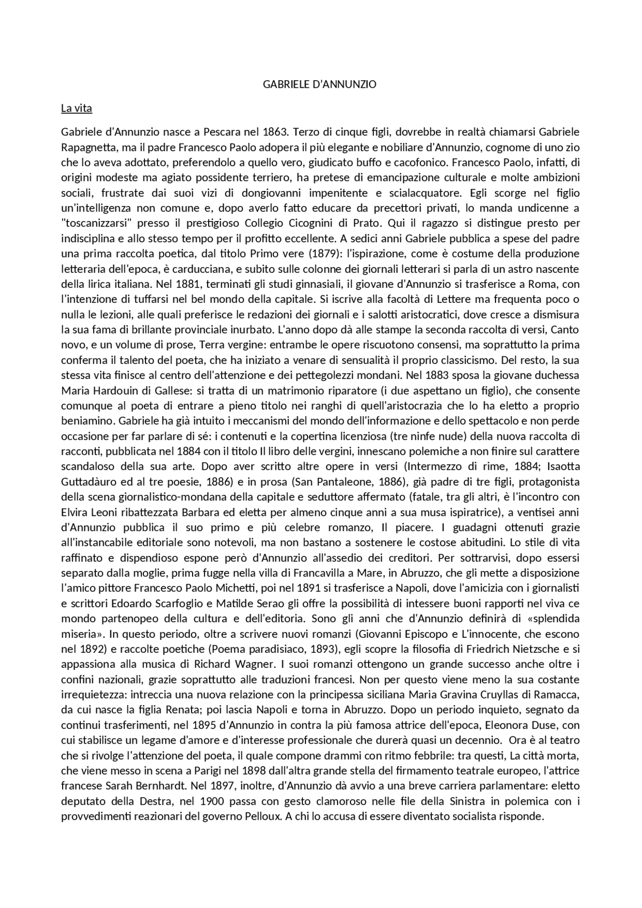 Gabriele Dannunzio Riassunto Appunti Di Italiano Docsity