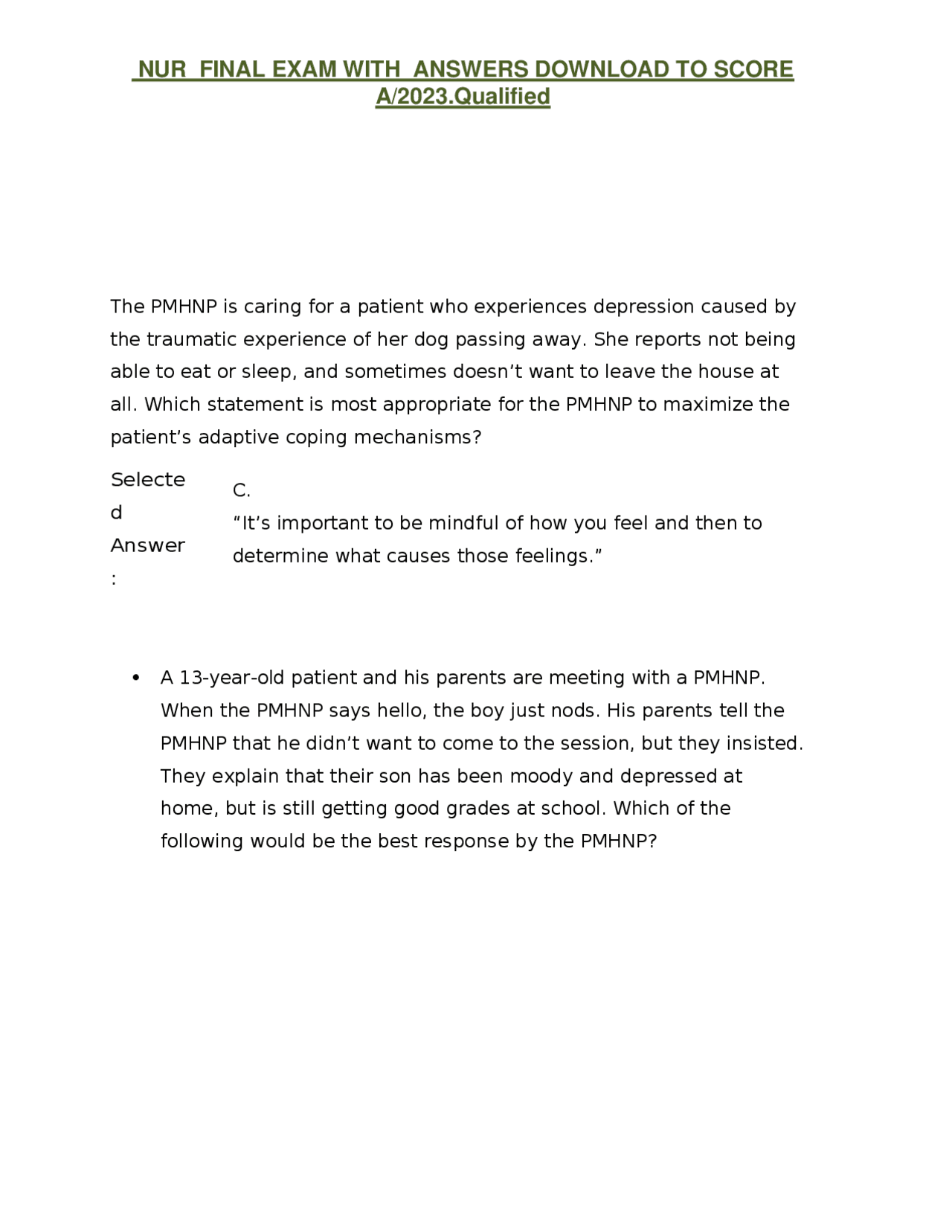 NUR FINAL EXAM WITH ANSWERS DOWNLOAD TO SCORE A/2023.Qualified | Exams ...