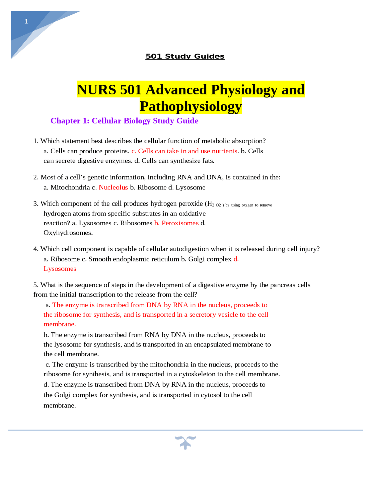 Nurs 501 Advanced Physiology And Pathophysiology Exams Nursing Docsity