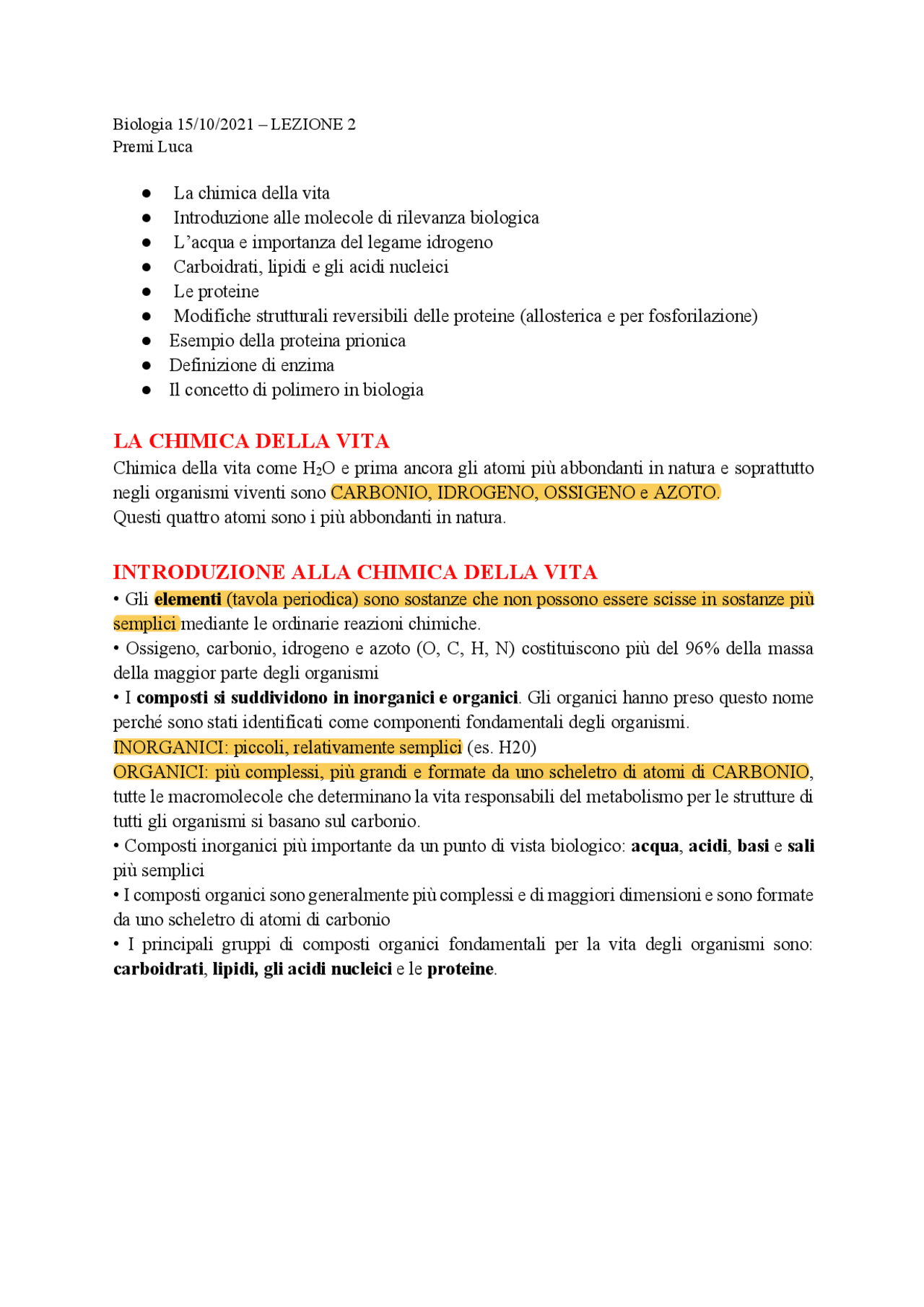 BIOLOGIA LEZIONE 2 - Scienze Motorie UNIVR - Primo anno | Appunti di Biologia | Docsity