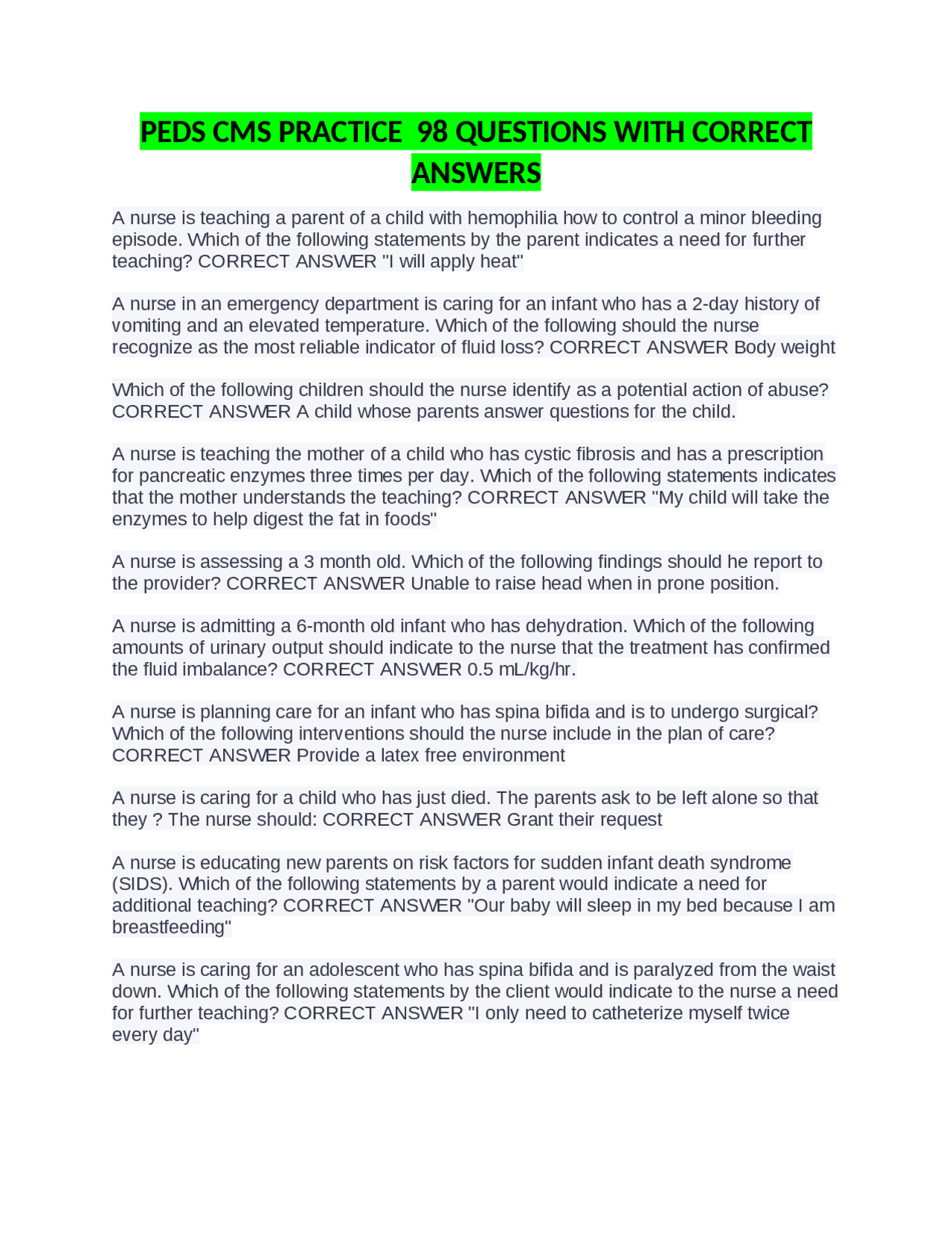 PEDS CMS PRACTICE 98 QUESTIONS WITH CORRECT ANSWERS | Exams Pediatrics ...