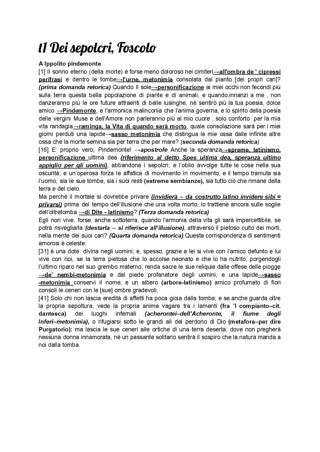 I Sepolcri Di Foscolo Versioni Di Italiano Docsity