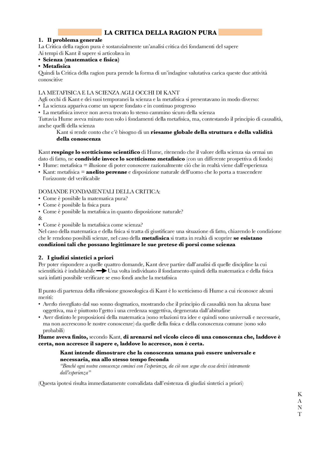 Riassunto Completo Sulle Critiche Di Kant Appunti Di Filosofia Docsity
