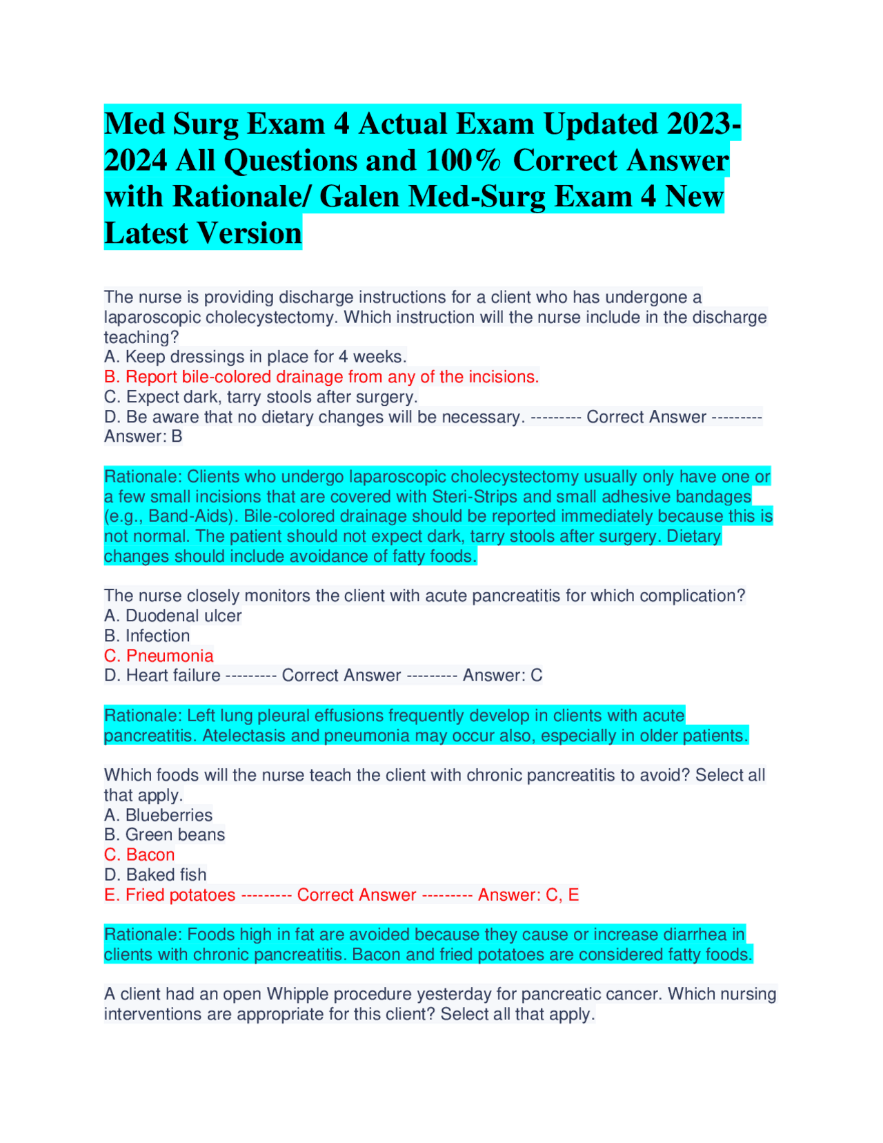 Med Surg Exam 4 Actual Exam Updated 2023- 2024 All Questions and 100% ...