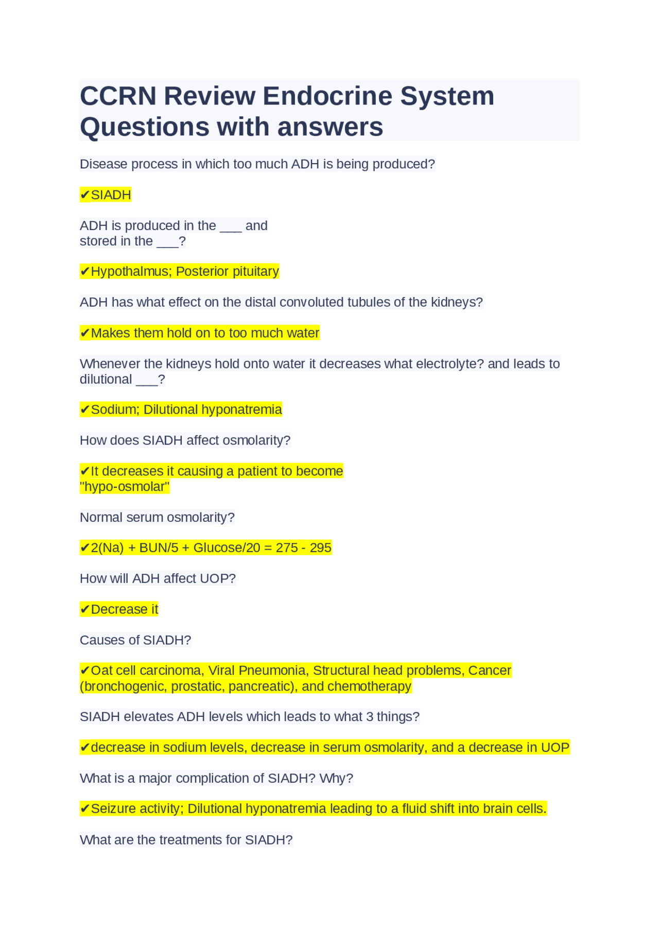 Ccrn Review Endocrine System Questions With Answers Exams Nursing