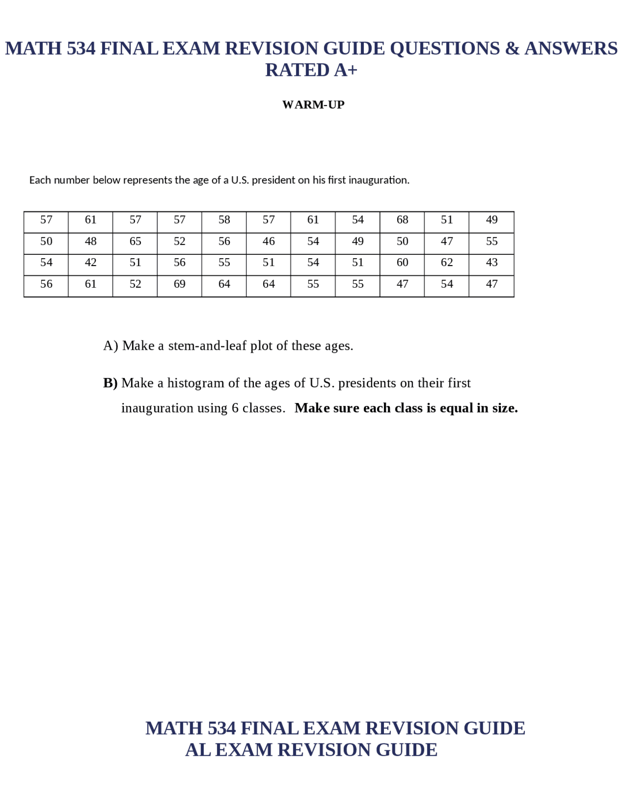 MATH 534 FINAL EXAM REVISION GUIDE QUESTIONS & ANSWERS RATED A+ | Exams ...