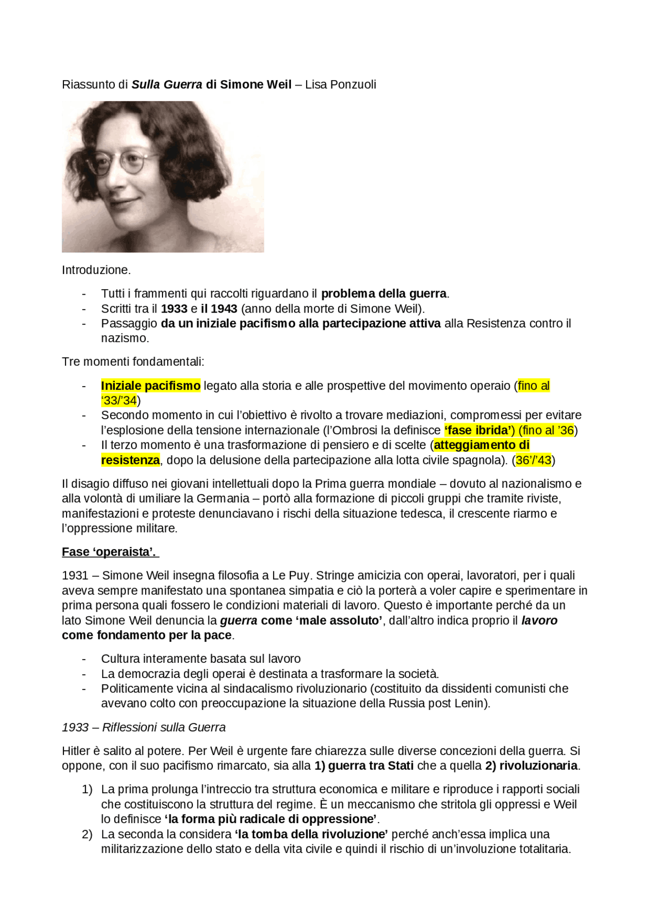 Riassunto di 'Sulla Guerra' di Simone Weil | Schemi e mappe concettuali di Antropologia ...