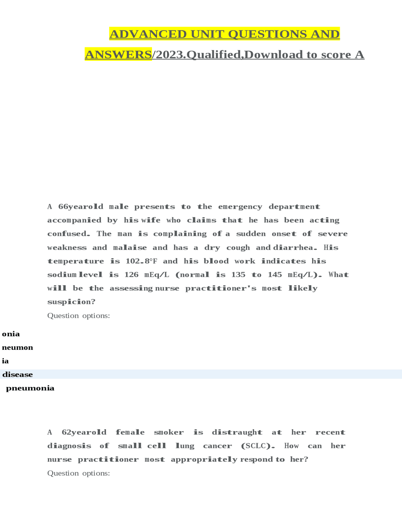Advanced Unit Questions And Answers Exams Nursing Docsity