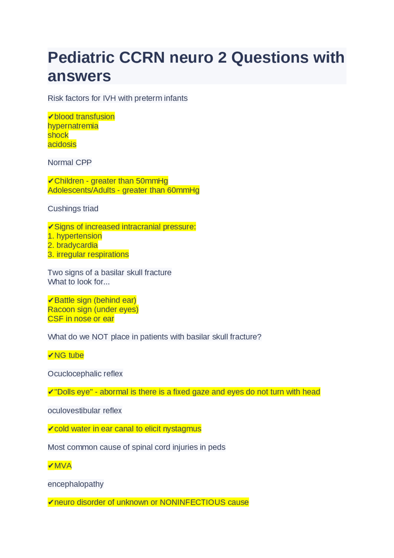 Pediatric Ccrn Neuro 2 Questions With Answers Exams Nursing Docsity