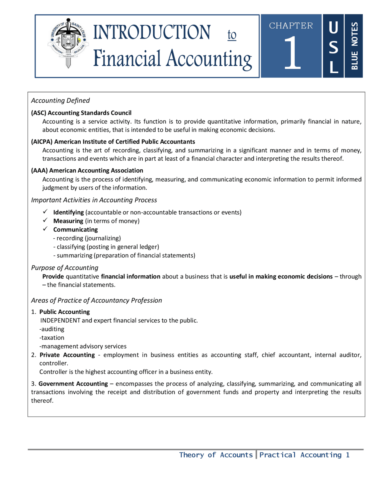 Practical Accounting 1: Theory of Accounts - USL Blue Notes | Cheat ...