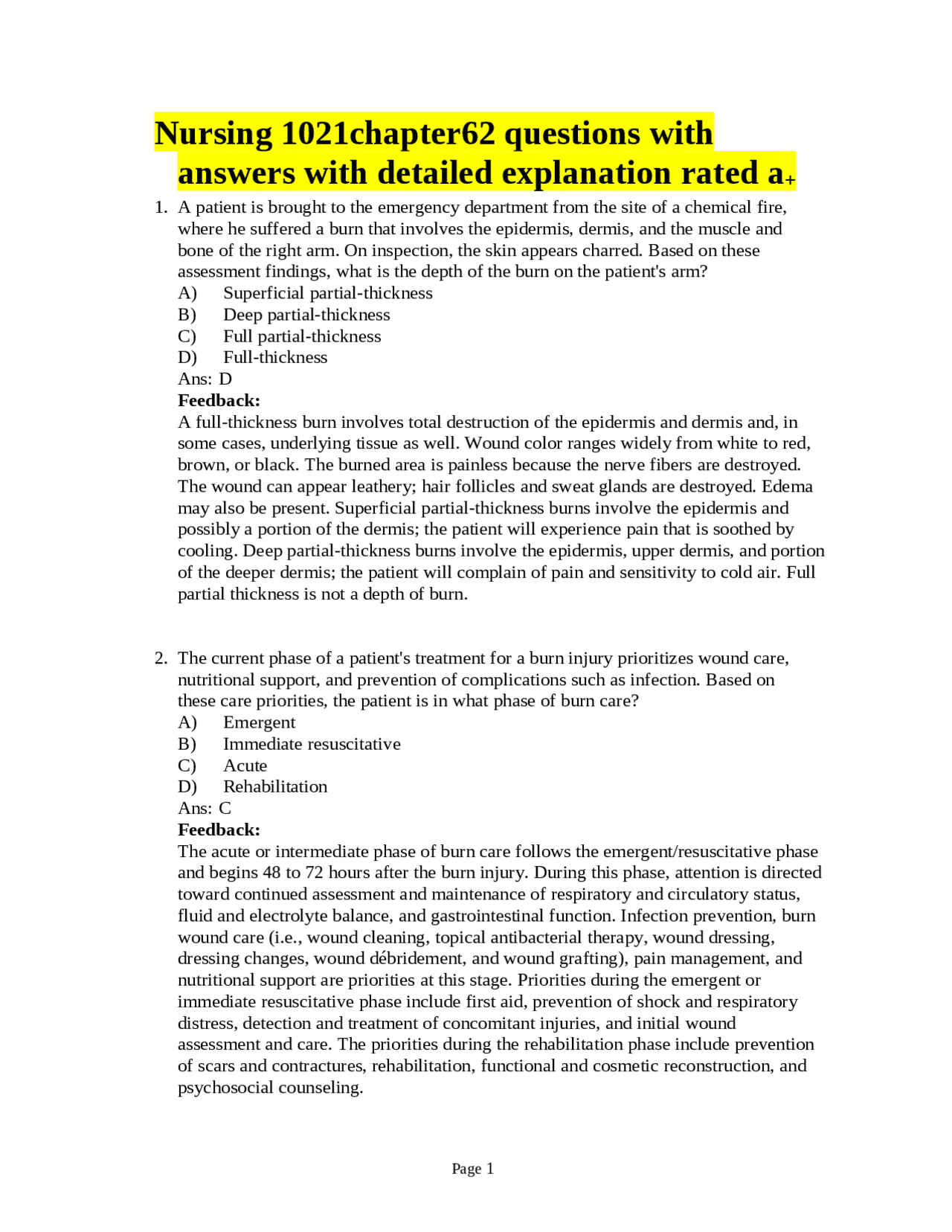 Nursing 1021chapter62 questions with answers with detailed explanation ...