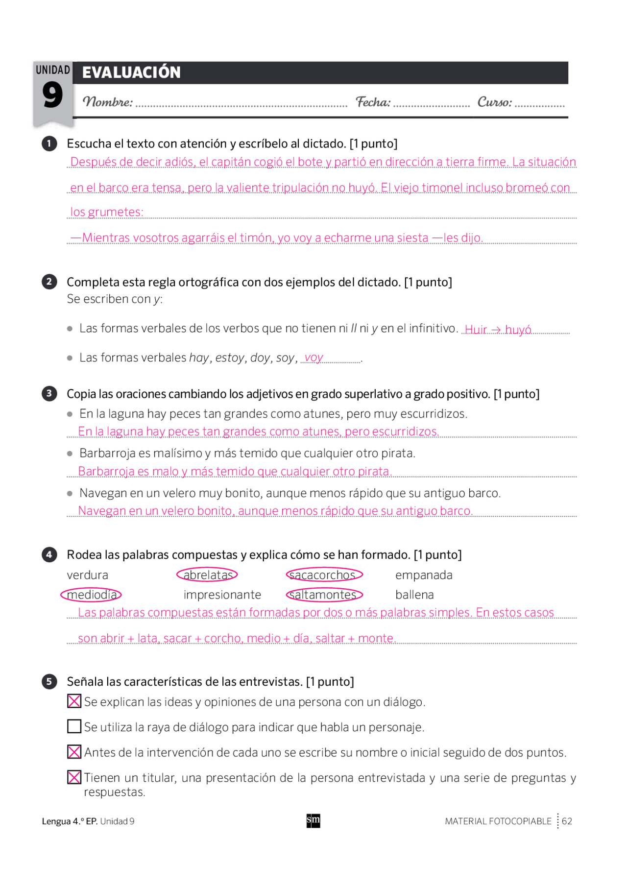 Examen de 4º primaria | Exámenes de Lengua y Literatura | Docsity