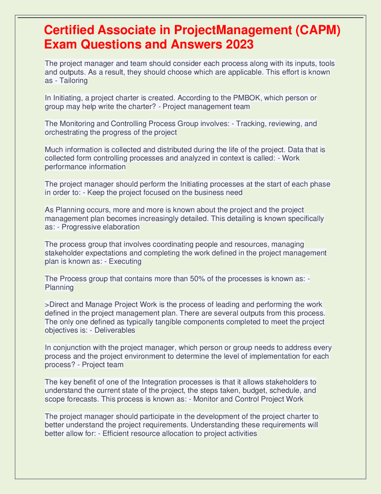 Certified Associate in Project Management (CAPM) Exam Questions and ...