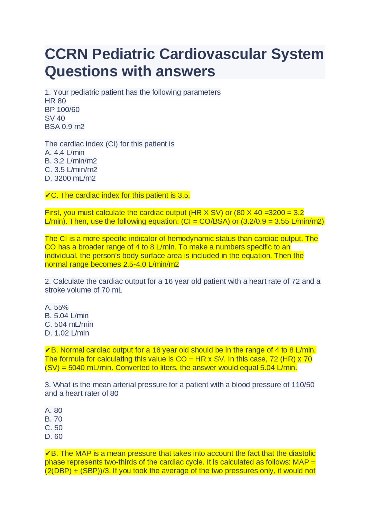 Pediatric Cardiovascular System Questions and Answers | Exams Nursing ...