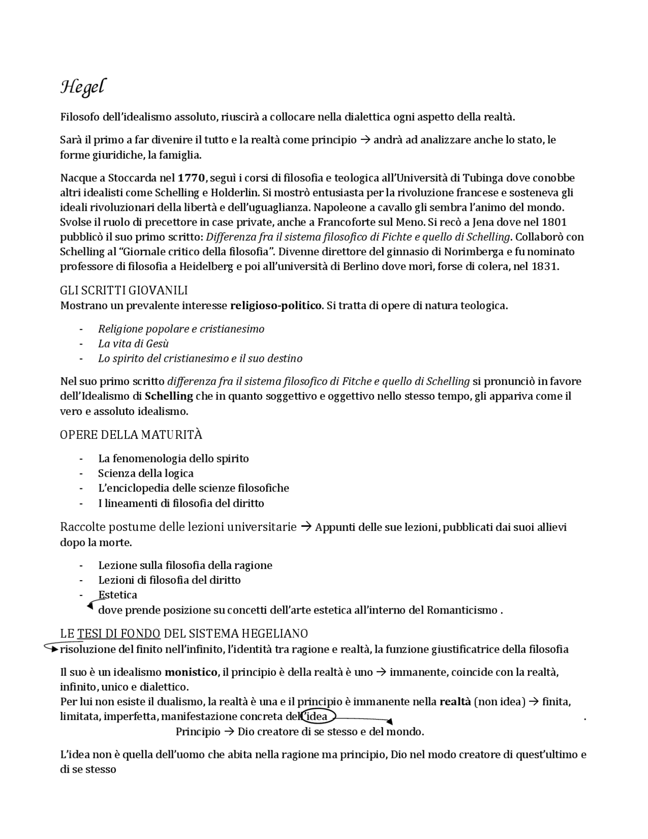 Hegel (vita, opere, pensiero) | Appunti di Filosofia | Docsity