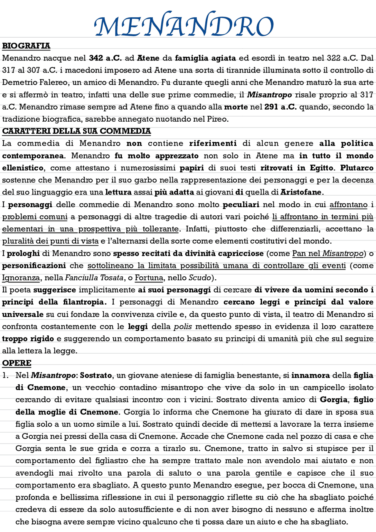 Menandro (appunti dettagliati 5 liceo classico) vita, caratteri della ...