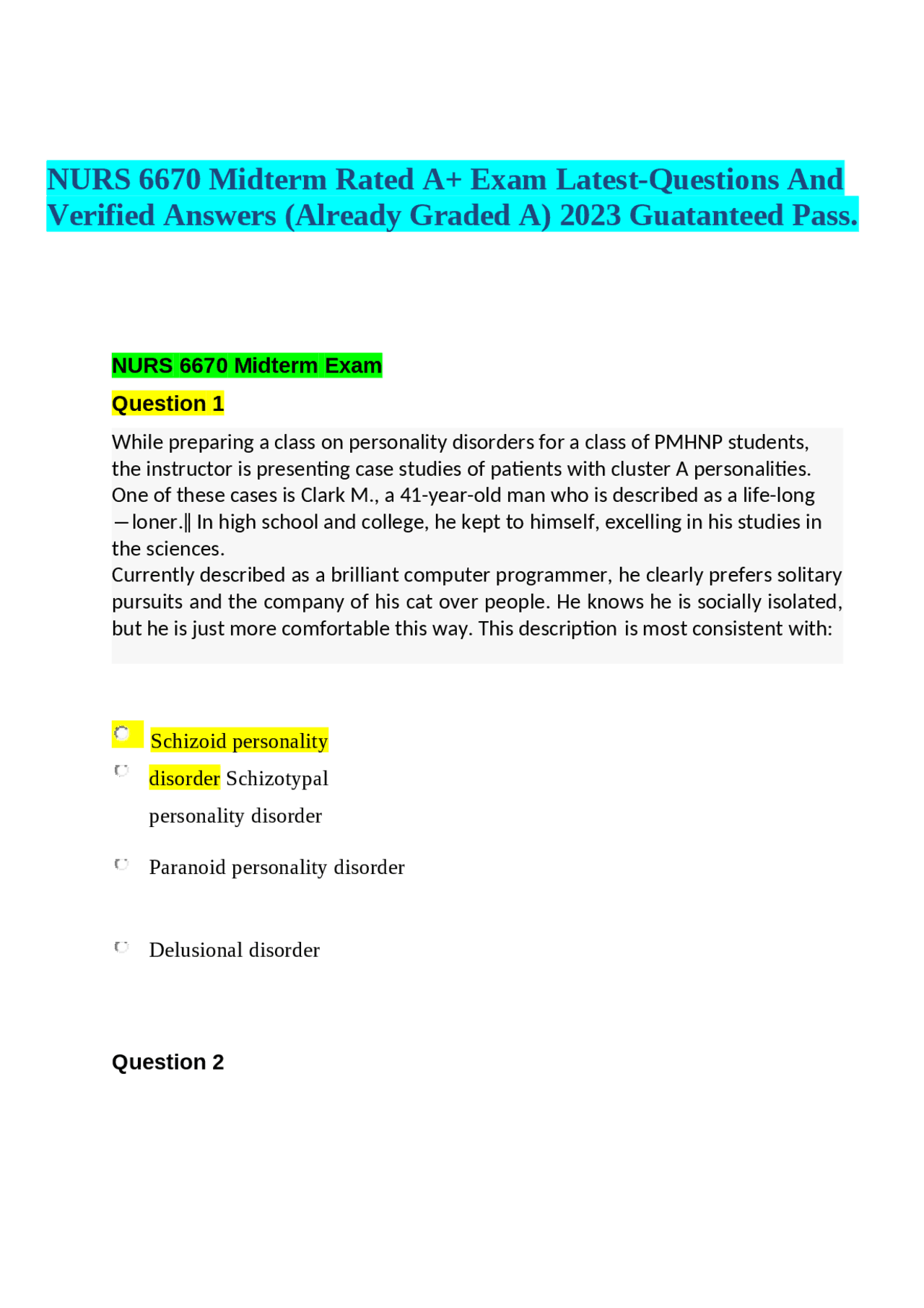 Personality Disorders Exam Questions And Answers Exams Nursing Docsity