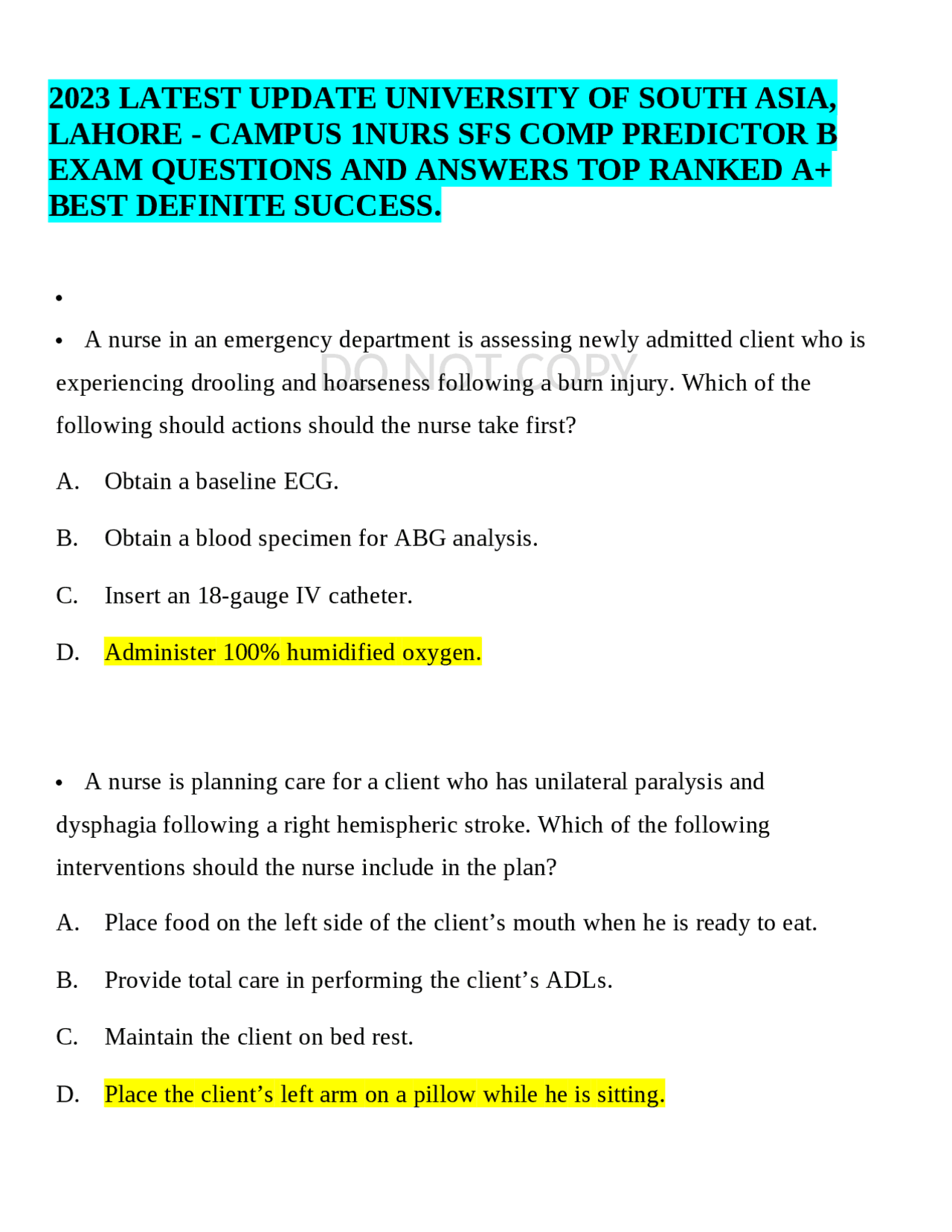 Nursing Exam Questions And Answers Exams Nursing Docsity