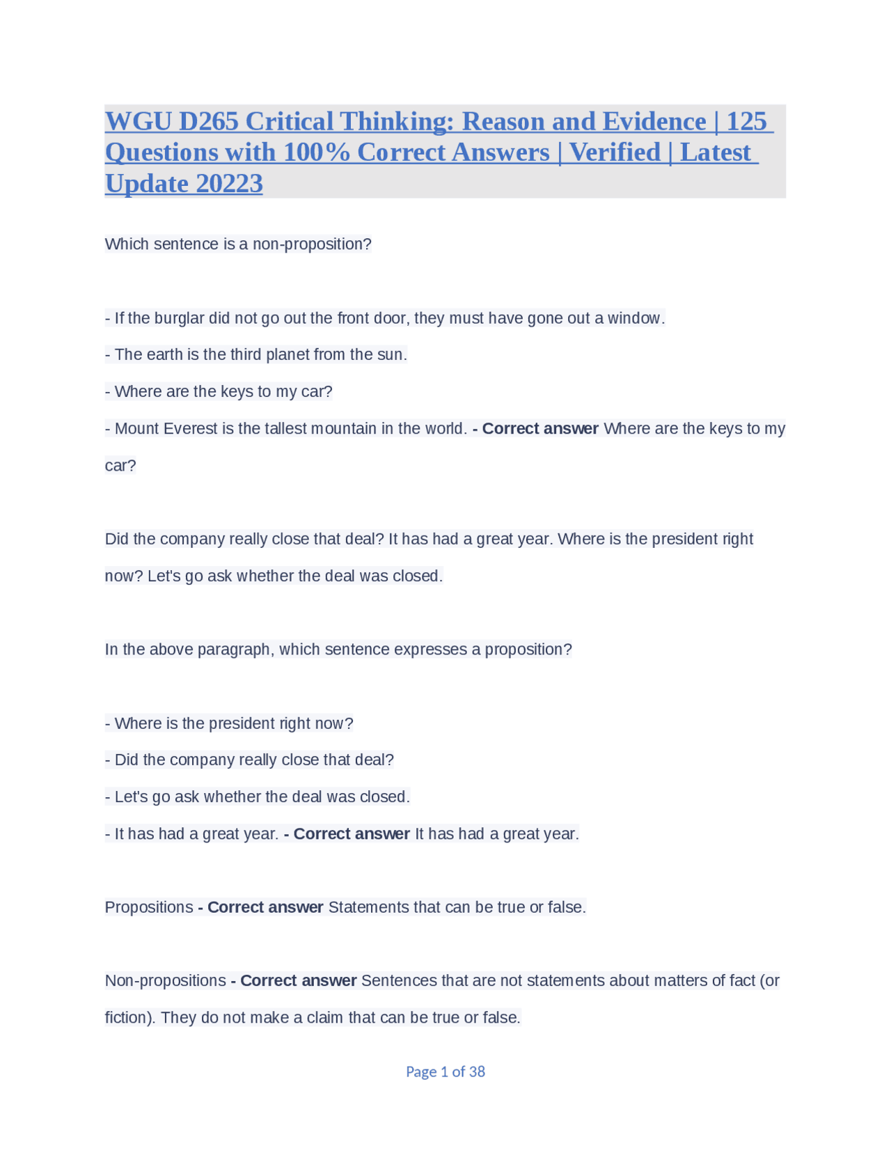 WGU D265 Critical Thinking: Reason and Evidence | 125 Questions with ...