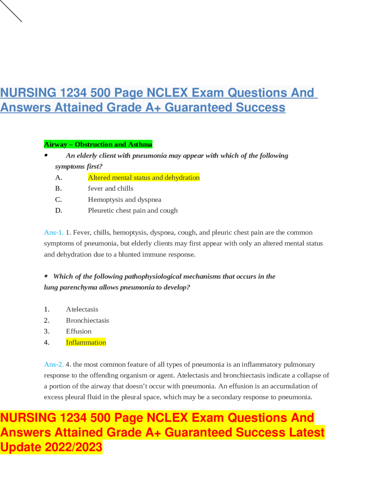 NURSING 1234 500 Page NCLEX Exam Questions And Answers Attained Grade ...