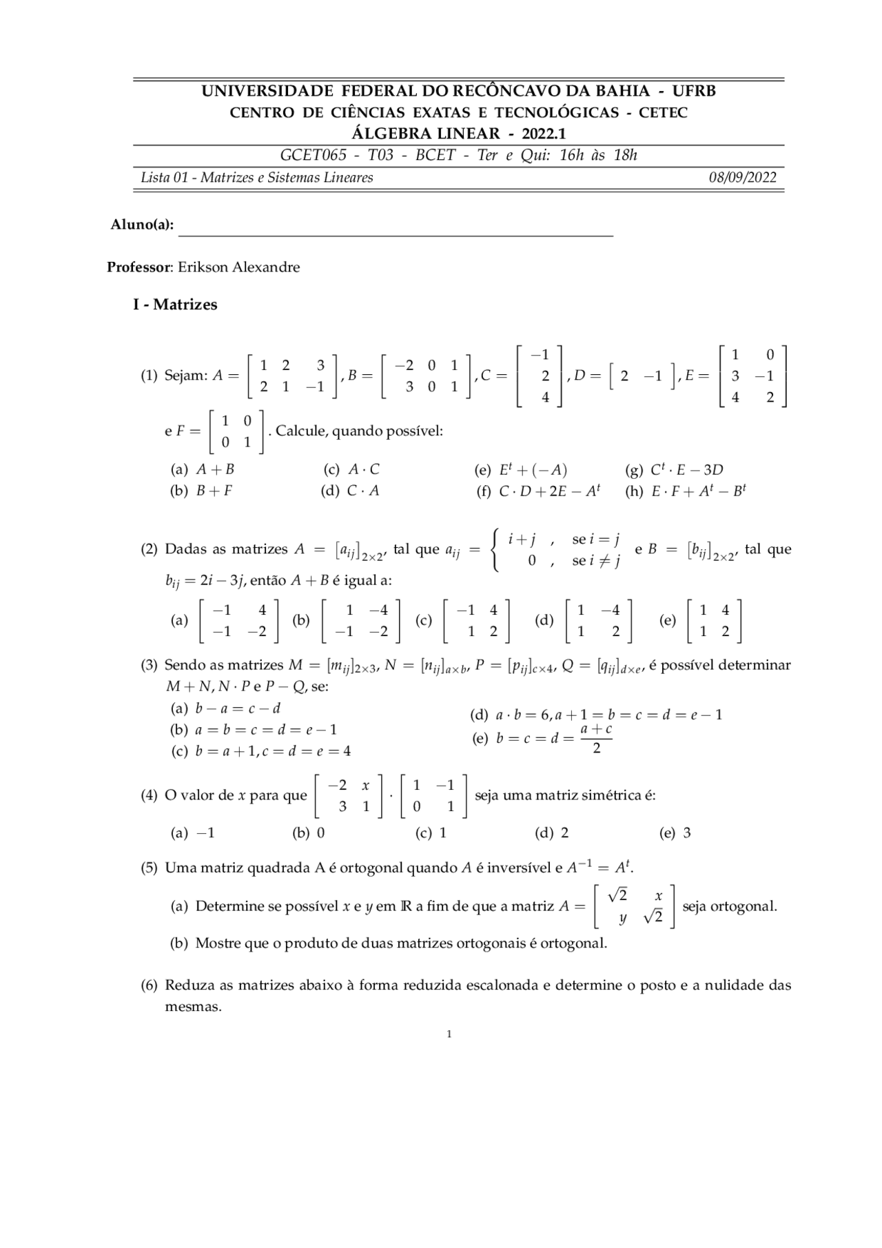 Lista De Exercício Matrizes E Sistemas Lineares Exercícios Álgebra