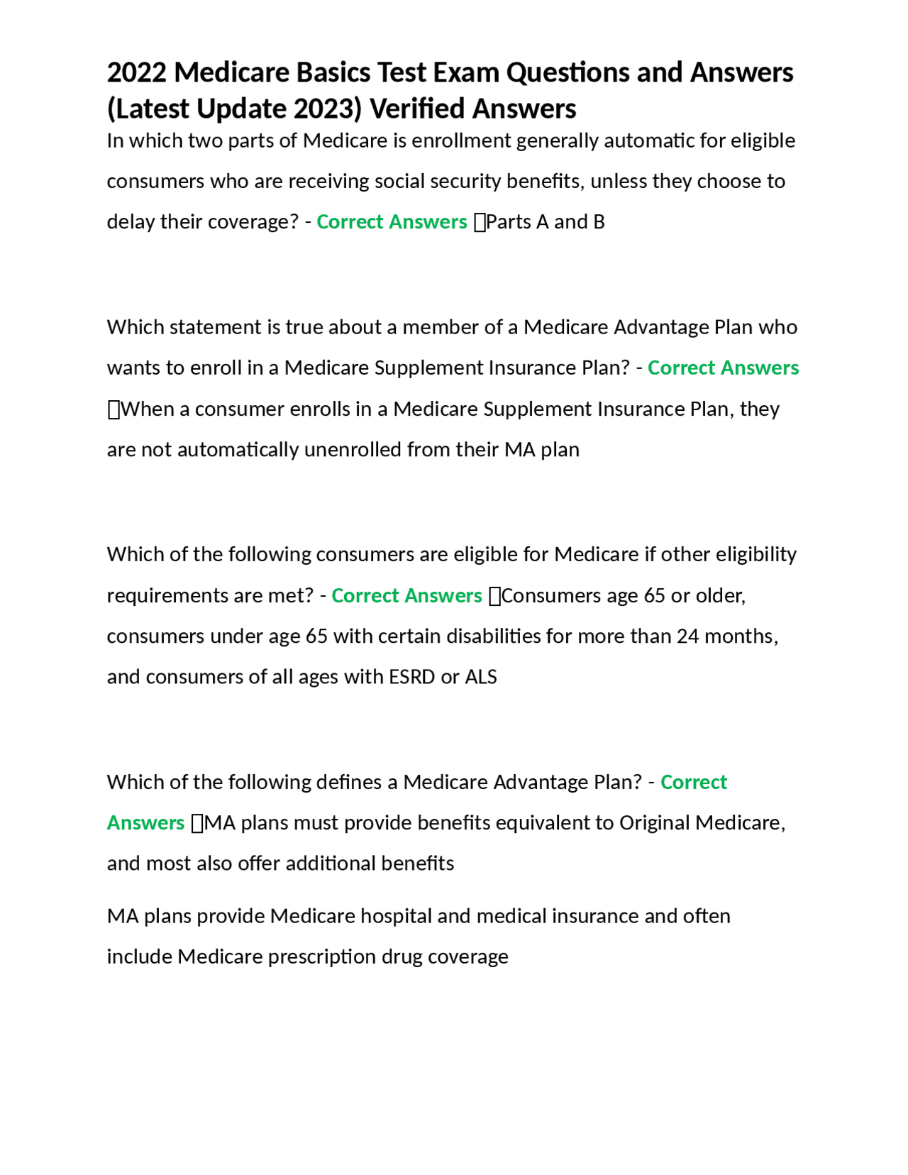 2022 Medicare Basics Test Exam Questions and Answers (Latest Update ...