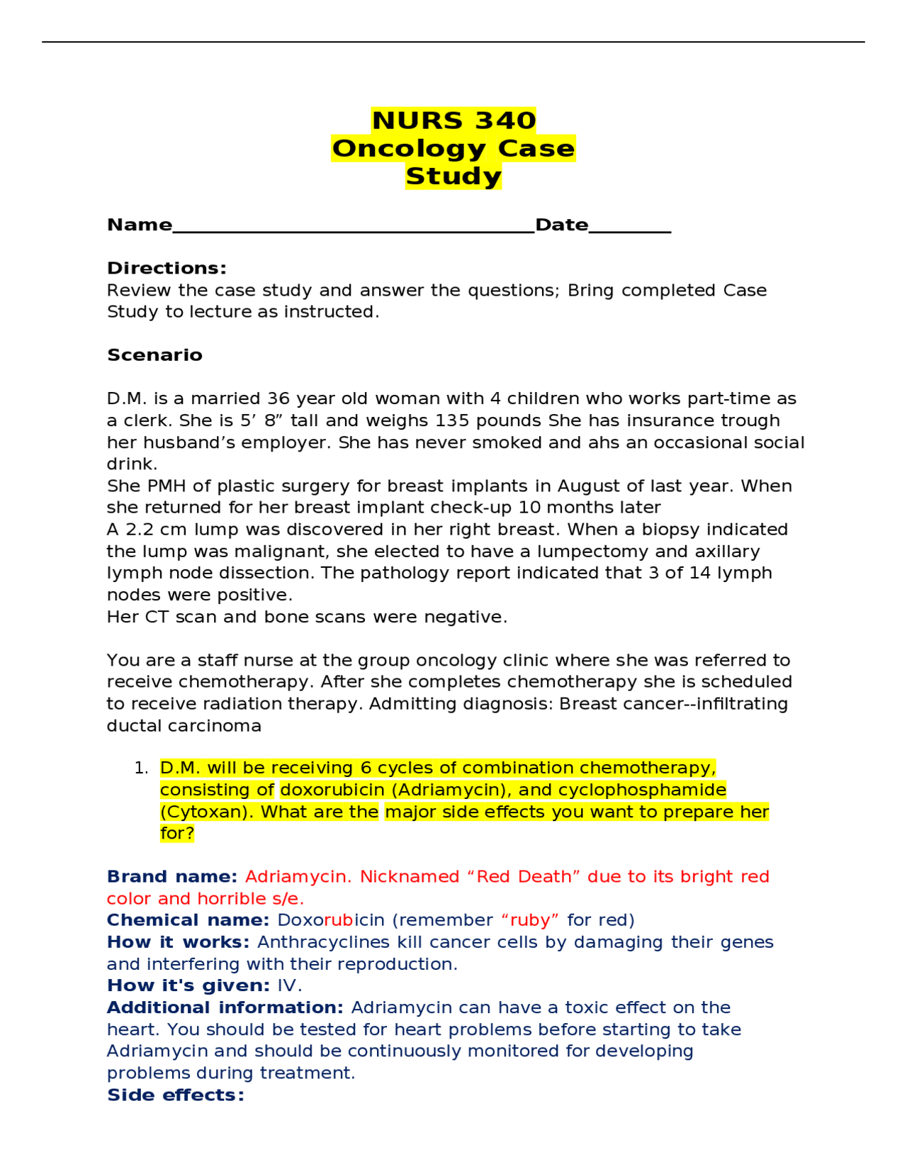 NURS 340 Oncology Case Study | Study Guides, Projects, Research Nursing | Docsity