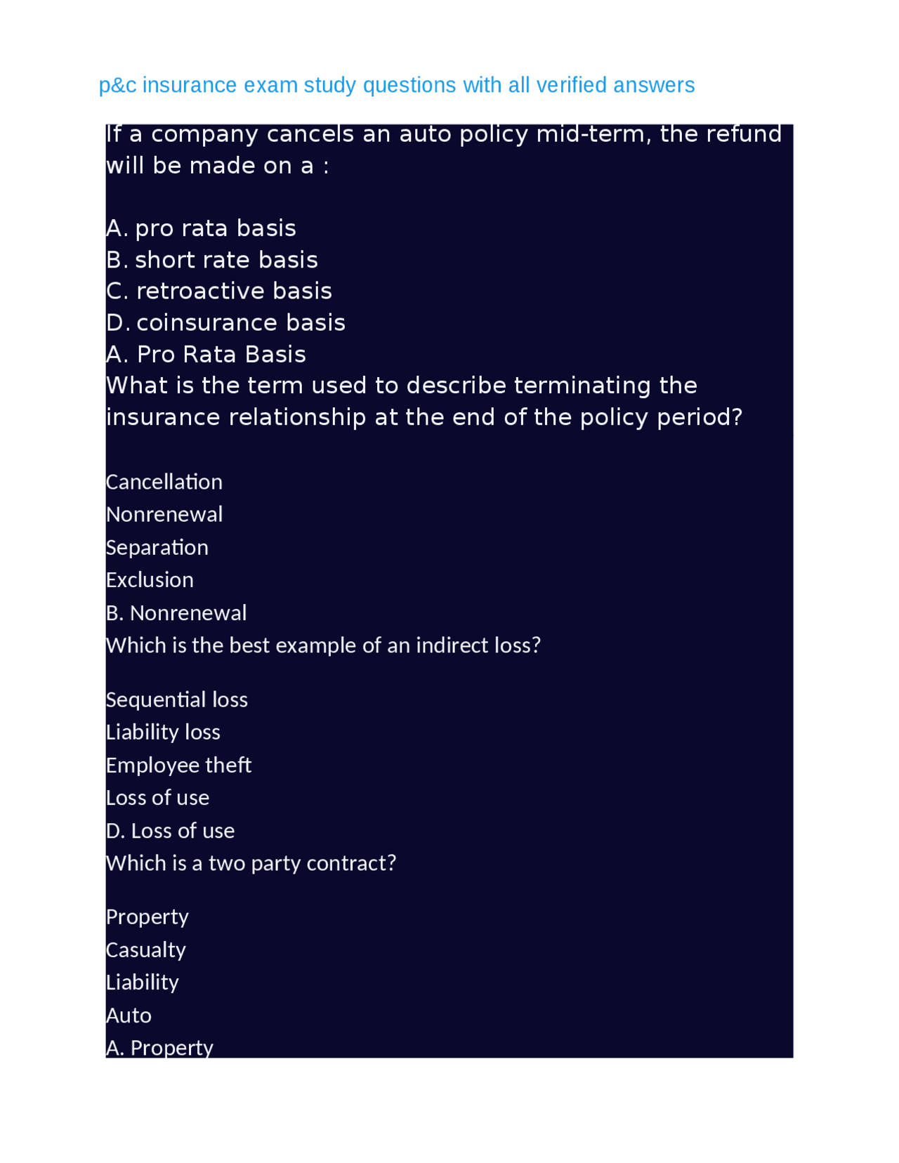 P&c insurance exam study questions with all verified answers | Exams ...