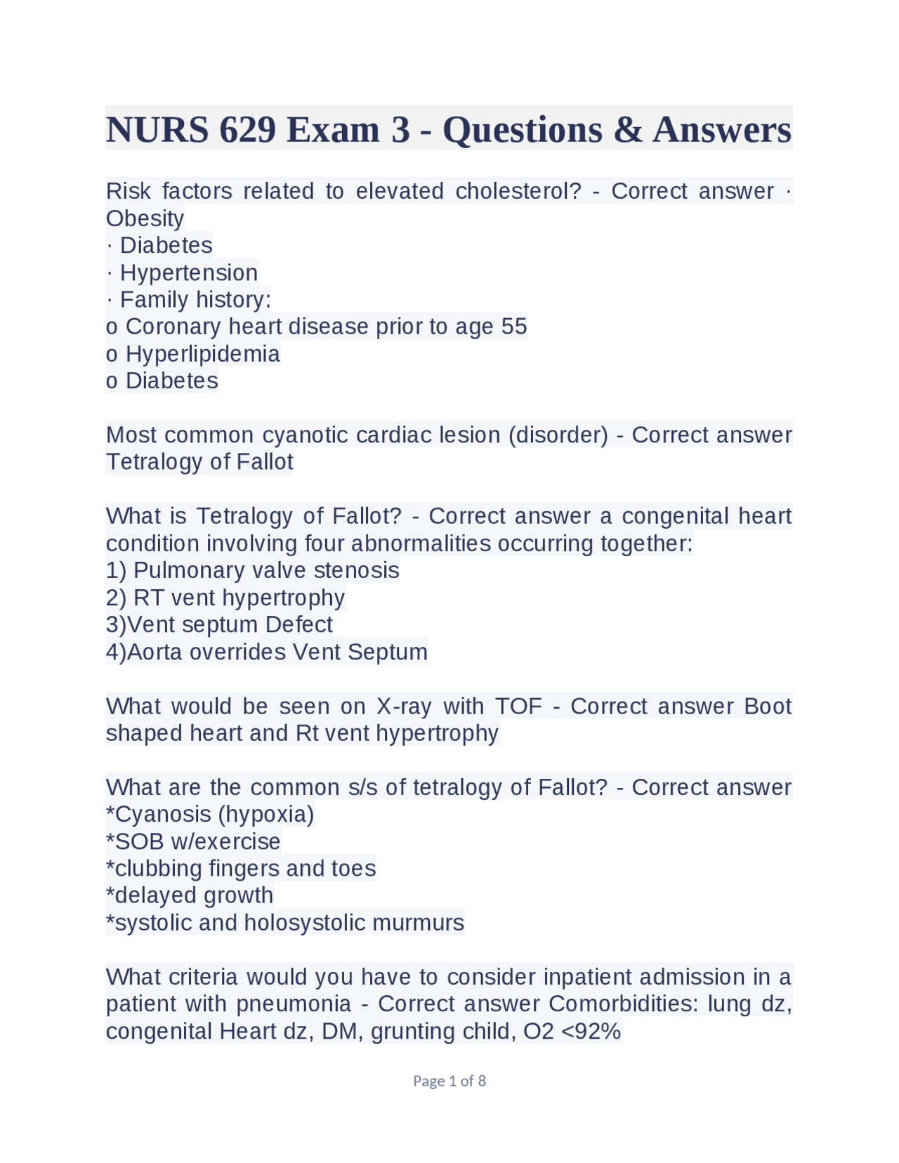 Nurs 629 Exam 3 Questions And Answers Exams Nursing Docsity
