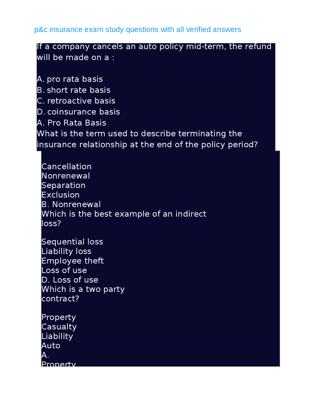 P&c insurance exam study questions with all verified answers | Exams ...