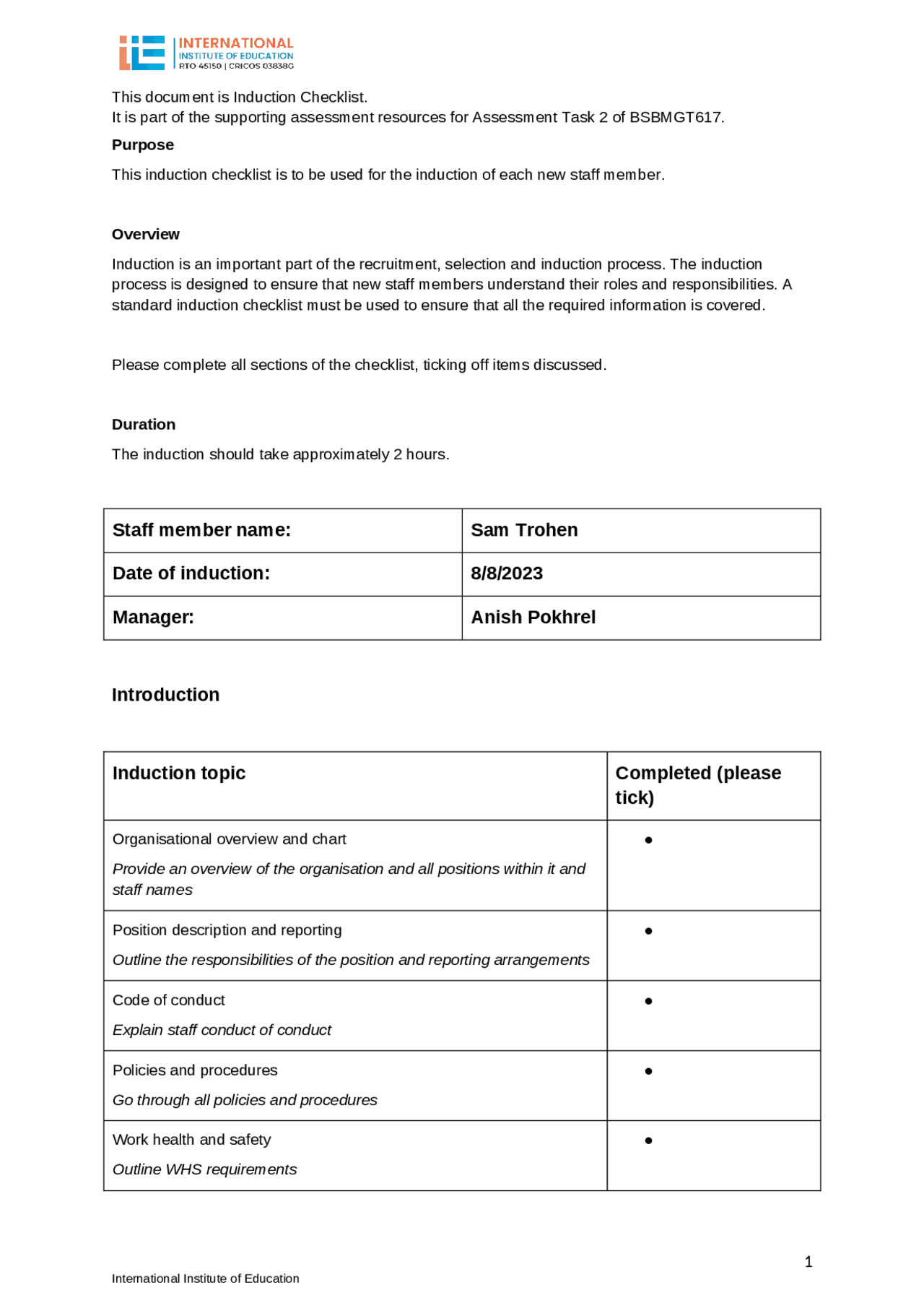 Induction Checklist Template | Assignments Business Strategy | Docsity