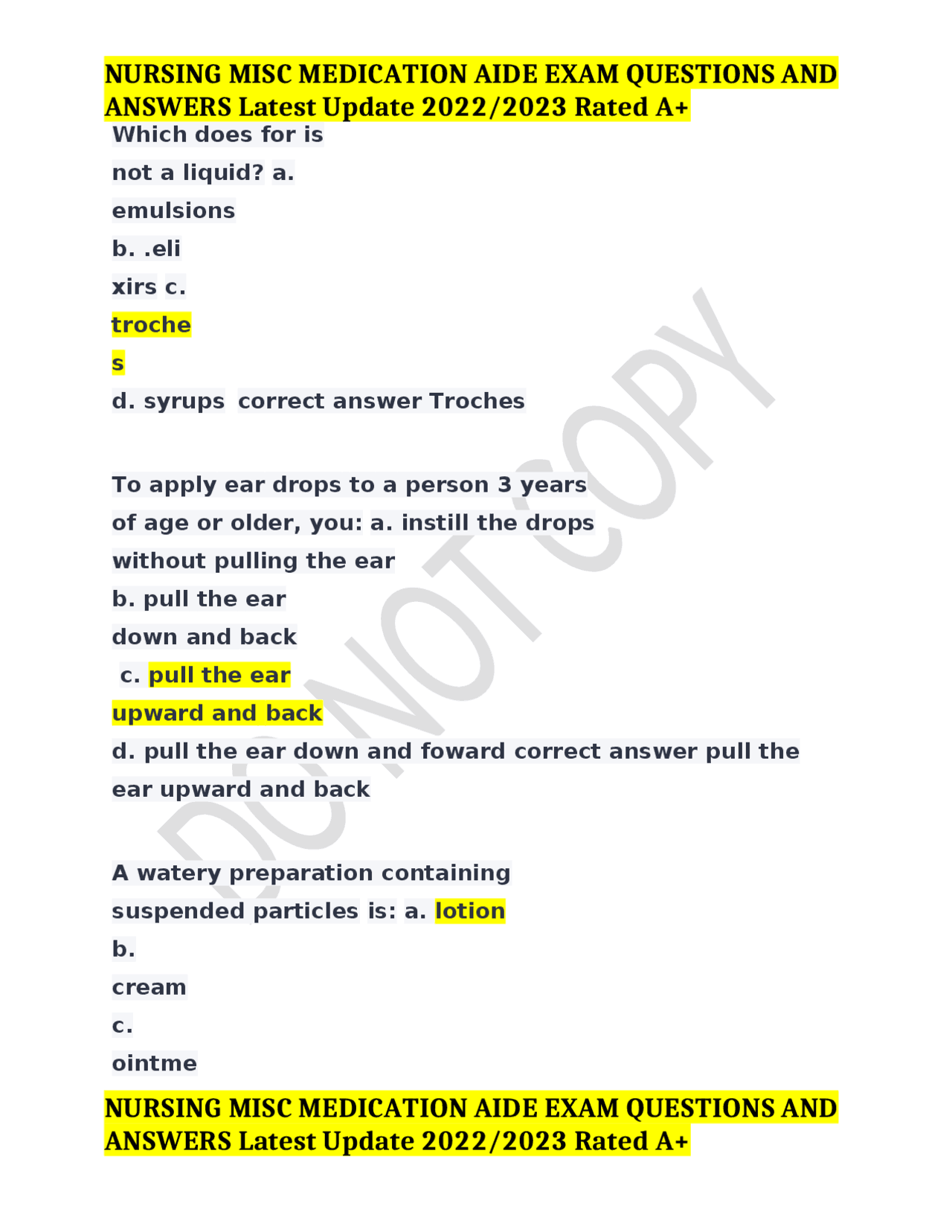 NURSING MISC MEDICATION AIDE EXAM QUESTIONS AND ANSWERS Latest Update ...