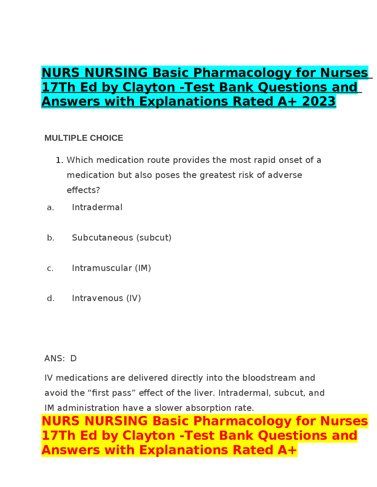 NURS NURSING Basic Pharmacology for Nurses 17Th Ed by Clayton -Test ...